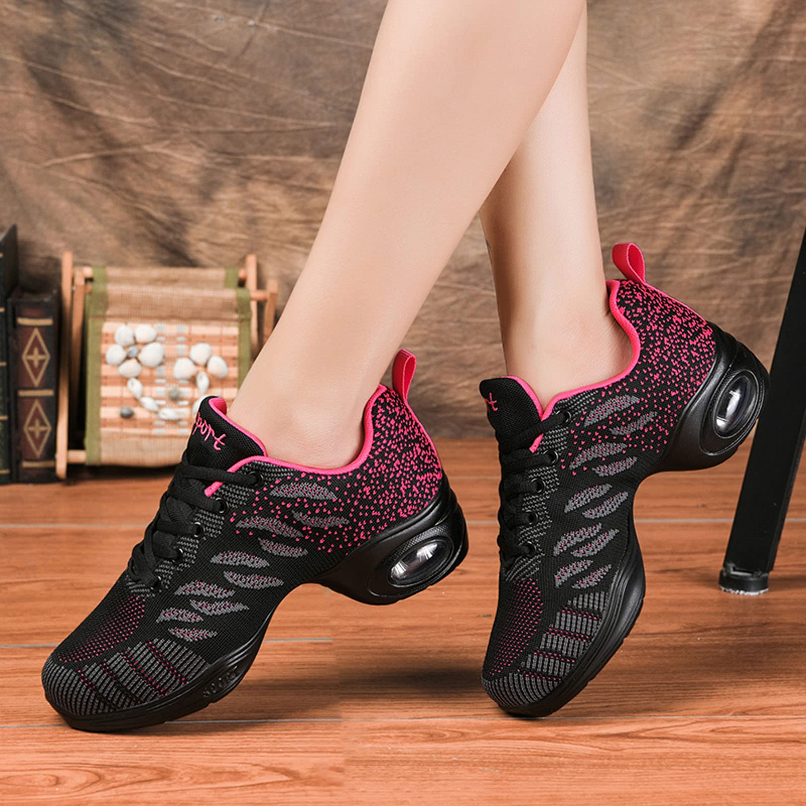 Women's Jazz Shoes Lace-up Dance Sneakers Lady Split Sole Platform Dance Shoes Walking Gym Yoga Grey/Rose 39