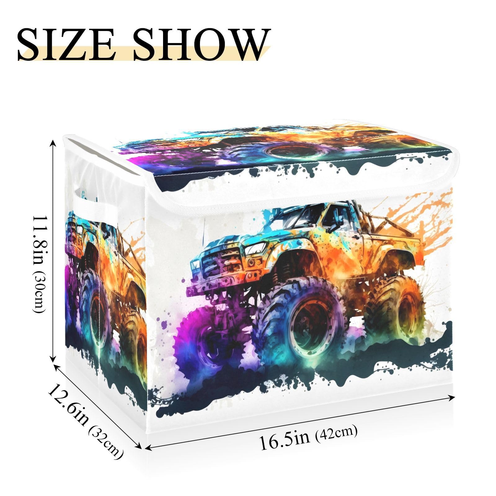 Vnurnrn Storage Bin with Lid Collapsible Rainbow Monster Truck Print, Large Capacity Foldable Storage Basket Cube for Clothes Toys 16.5×12.6×11.8 IN