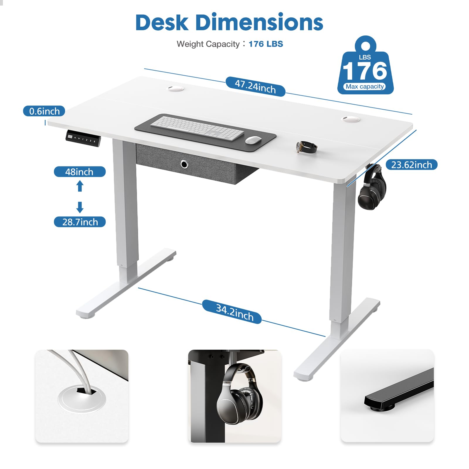 Sweetcrispy Electric Adjustable Height Desk Rising Office Computer Sit to Stand Up Table with Splice Board, 2 Hook and Wire Hole for Home Work, 48IN x 24IN, White with Single Drawer