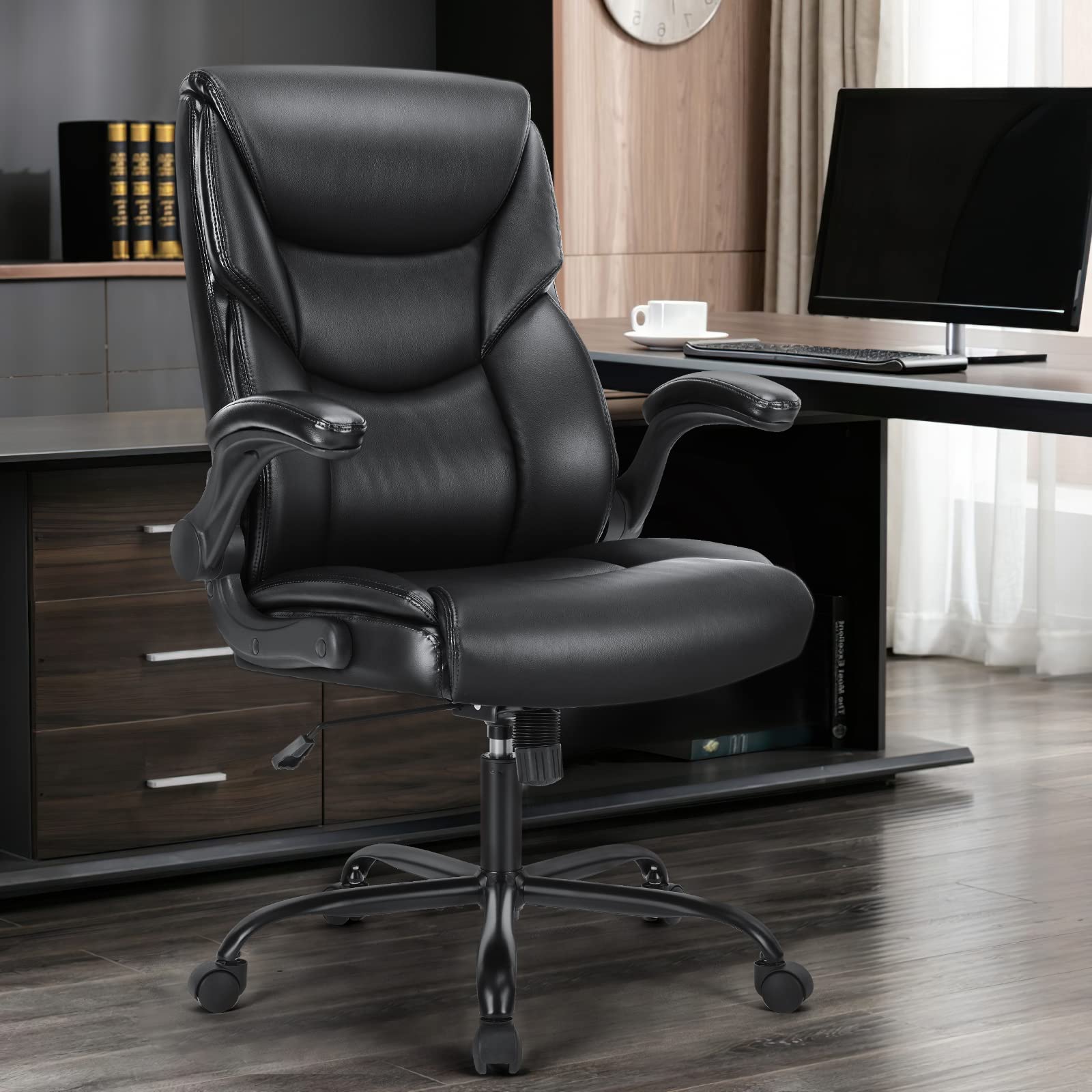 Sweetcrispy Executive Office Chair High Back, Heavy Duty Desk Chair with Wheels Computer Chair with Lumbar Support Height Adjustable PU Leather Office Chair Flip up Arms, Black