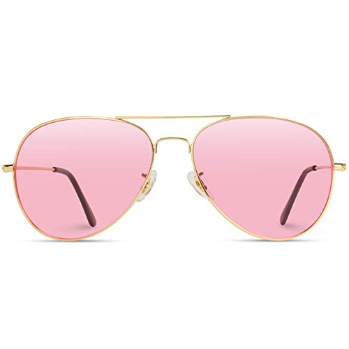 WearMe Pro Classic Aviator Style Metal Frame Sunglasses (Gold Frame/Light Pink Tinted Lens, 59)