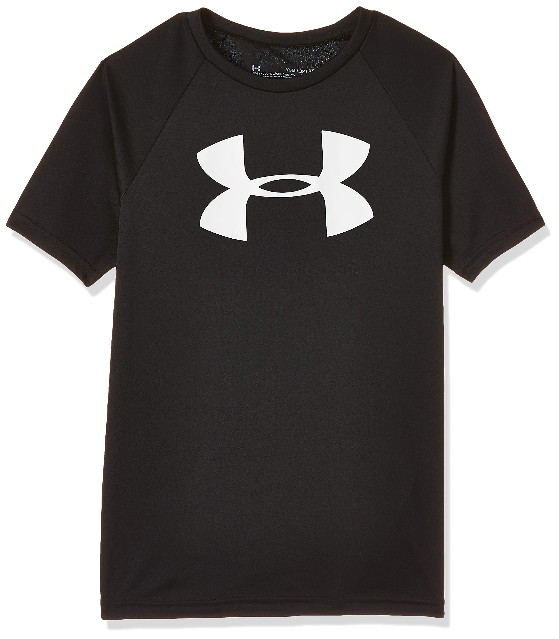 Under Armour Boys' Tech Big Logo Short Sleeve Gym T-Shirt, Black (001)/White, Youth Large