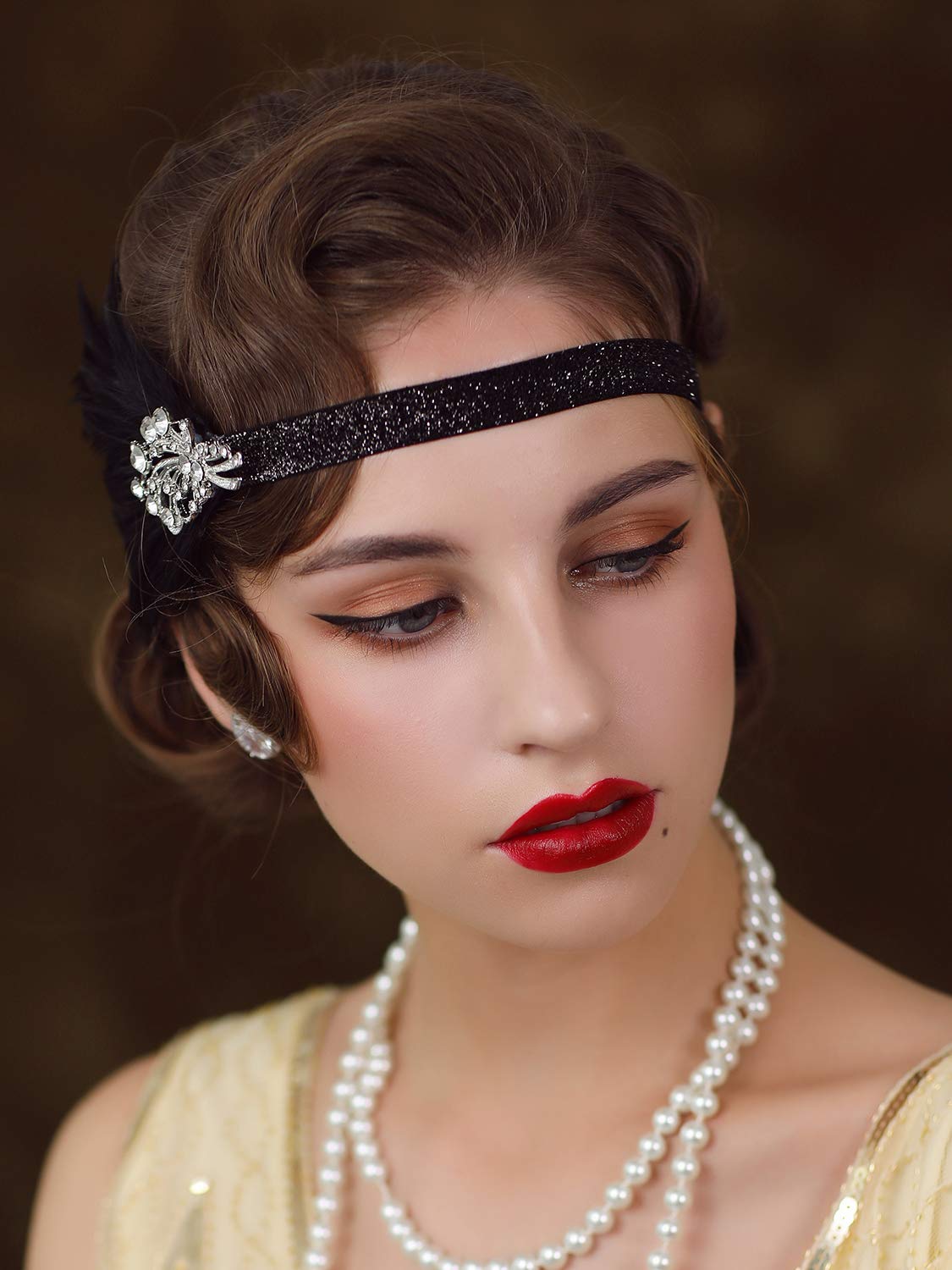 SWEETV 1920s Flapper Headband, Feather Great Gatsby Headpiece, Roaring 20s Vintage Hair Accessories, Black