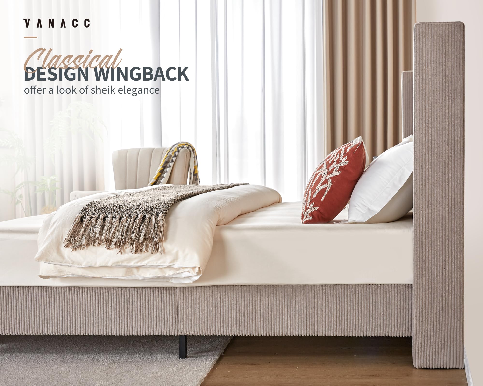 VanAcc Queen Size Platform Bed Frame, 50.8" Corduroy Upholstered Bed with Vertical Channel Tufted Headboard/Wooden Slats/Wingback/No Box Spring Required/Taupe
