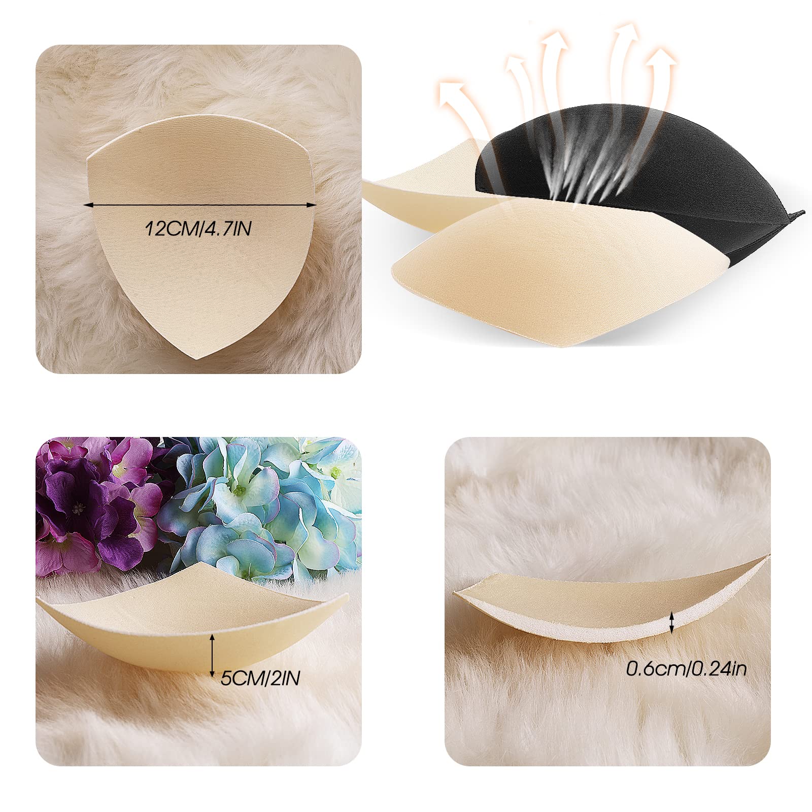 WLLHYF 2 Pairs Removable Bra Pads, Breathable Bra Pads Inserts Women's Pads Enhancers Triangle Shape Breast Padding for Sports Bras Swimsuits Bikini A, B, C, D Cup Available Skin/Black