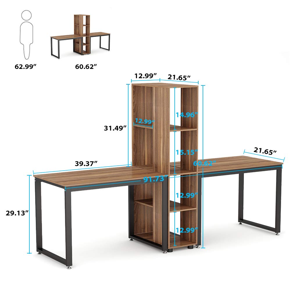 Tribesigns 91 inch Two Person Desk with Storage Shelves, Extra Long Double Desk with Bookshelf, 2 Person Computer Desk Double Workstation Desk for Home Office (Dark Walnut)