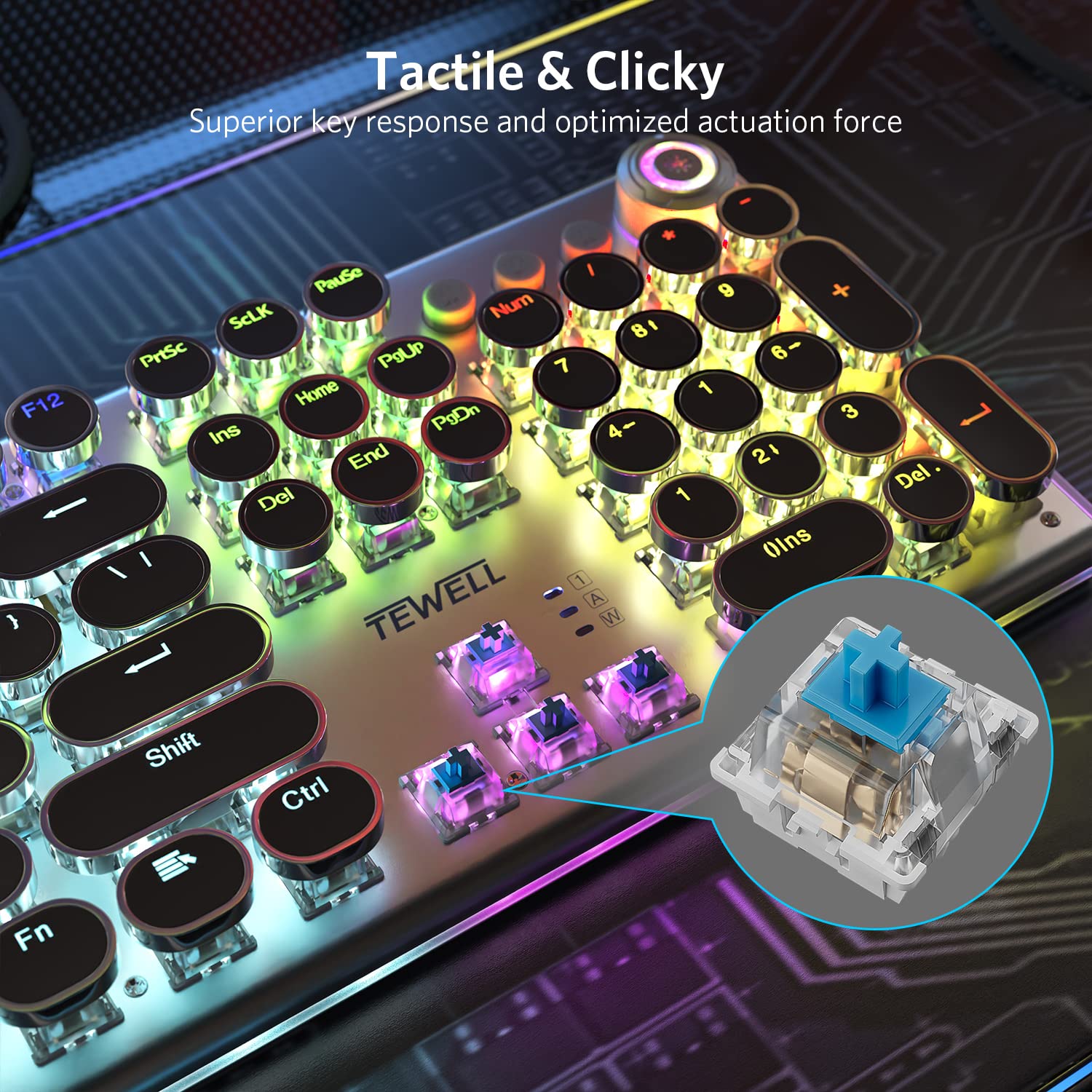 TEWELL Retro Typewriter Mechanical Gaming Keyboard with Tactile and Clicky Blue Switches, Rainbow Backlit with RGB Side Lights - Ultimate Gaming Performance