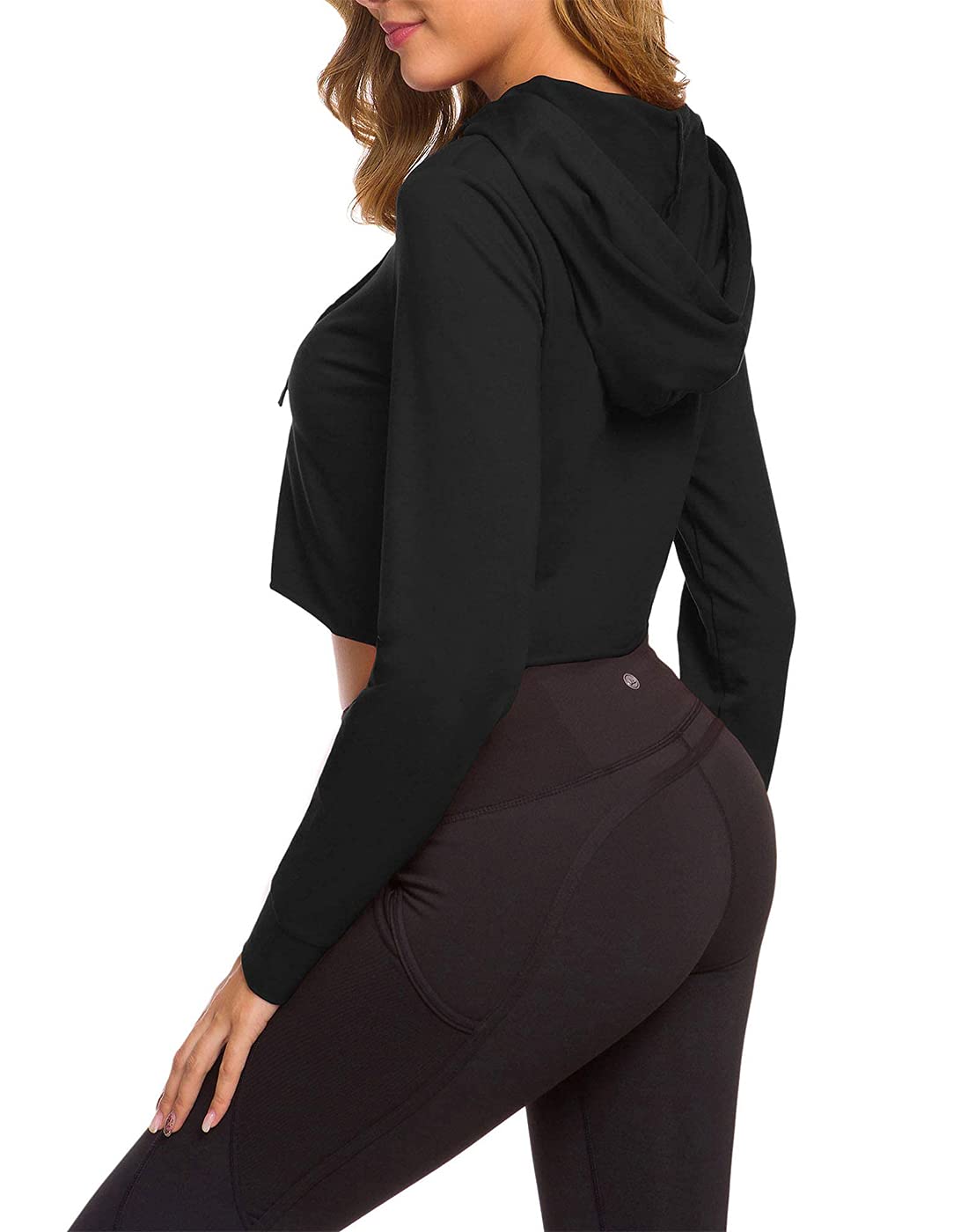 Women Long Sleeve Pullover Hooded Sweatshirt Casual Loose Crop Top Shirt Size S (Black)
