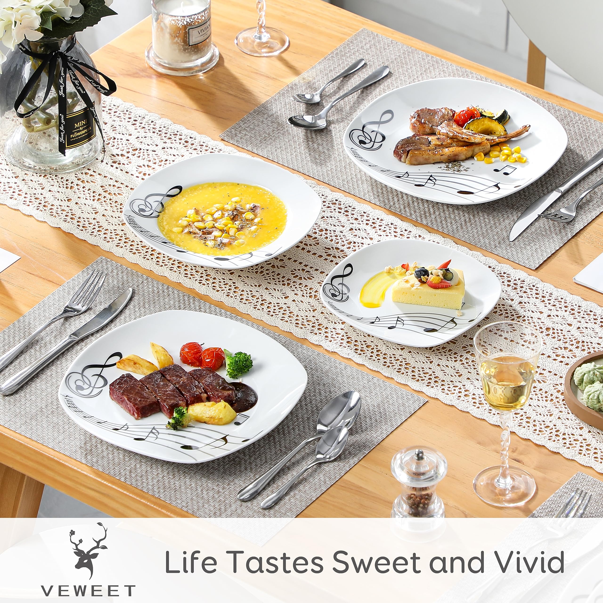 VEWEET Porcelain Dinnerware Sets, 36-Piece Square Musical Note Patterns Plate Sets with Dinner Plate, Soup Plate, Dessert Plate, Service for 12, MELODY Series