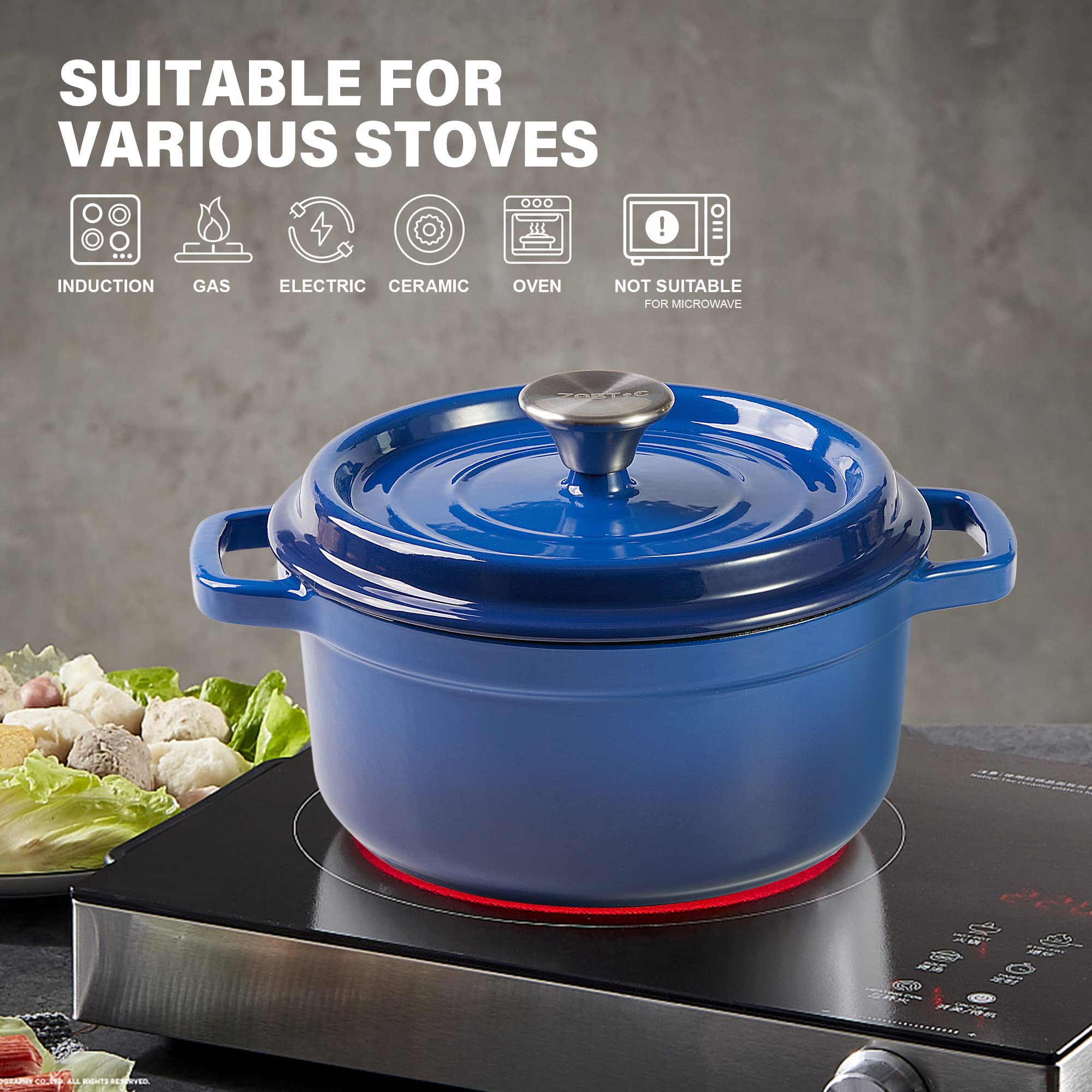 ZQBTC Enamel Cast Iron Covered Dutch Oven Pot with Lid for Bread Baking Use on Gas Electric Oven 3 Quart(Blue, 2-3 People)
