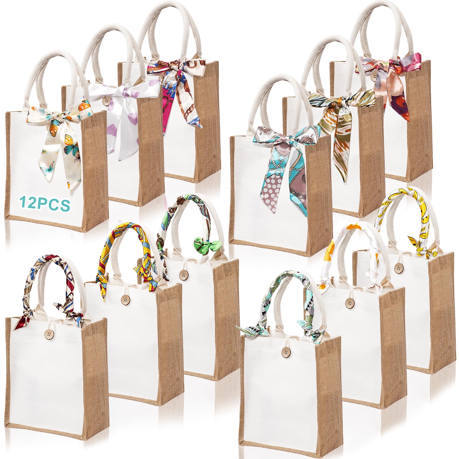 VeyFolzin.st Jute Burlap Totes Bags, Reusable Waterproof Tote Shopping Bag Blank DIY Canvas Gift Bag with Button & Ribbons (A)