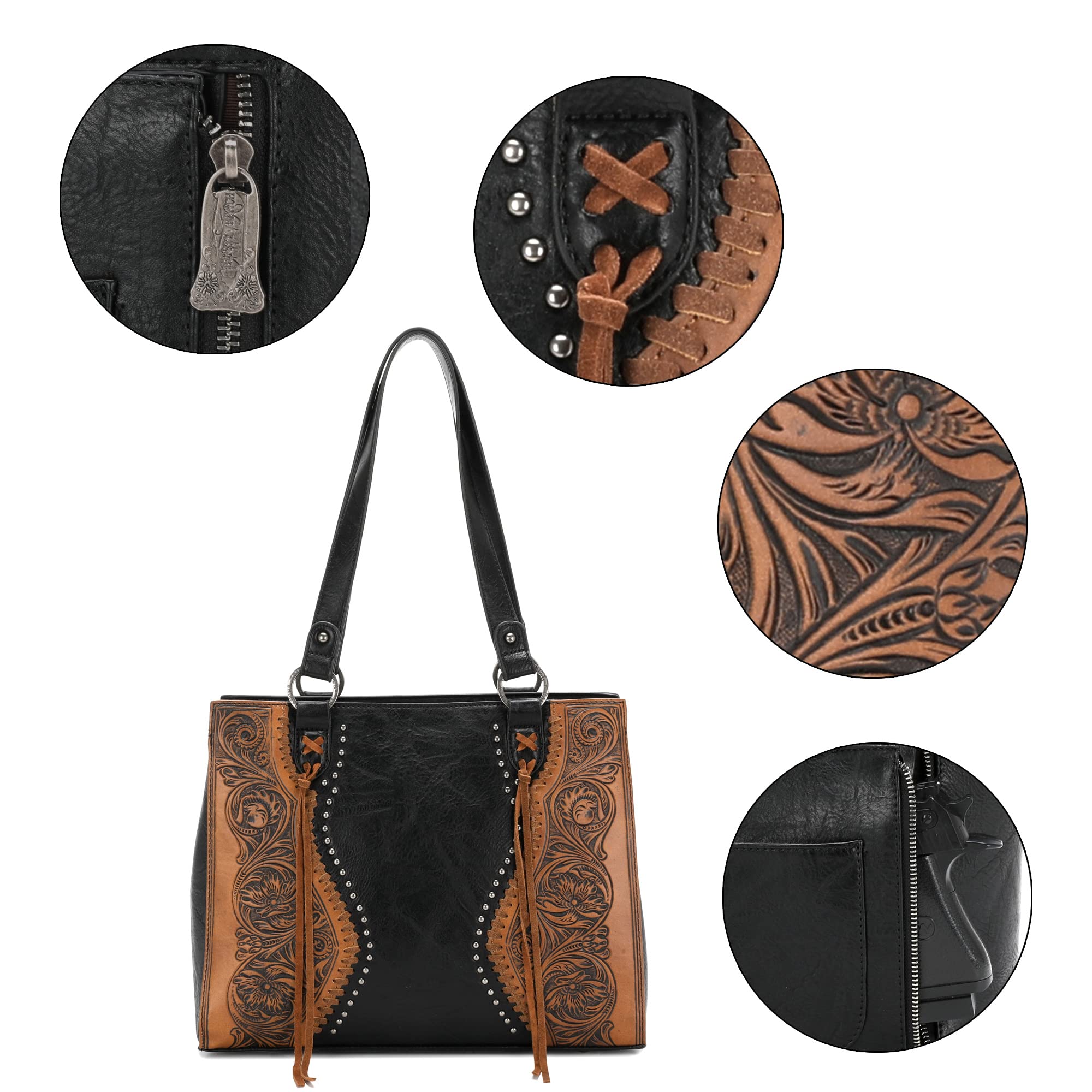 Trinity Ranch Western Purses for Women Hobo Bags Tooling Leather Satchel Large Shoulder Tote Handbag with Wallet TR147G-8113BK+W