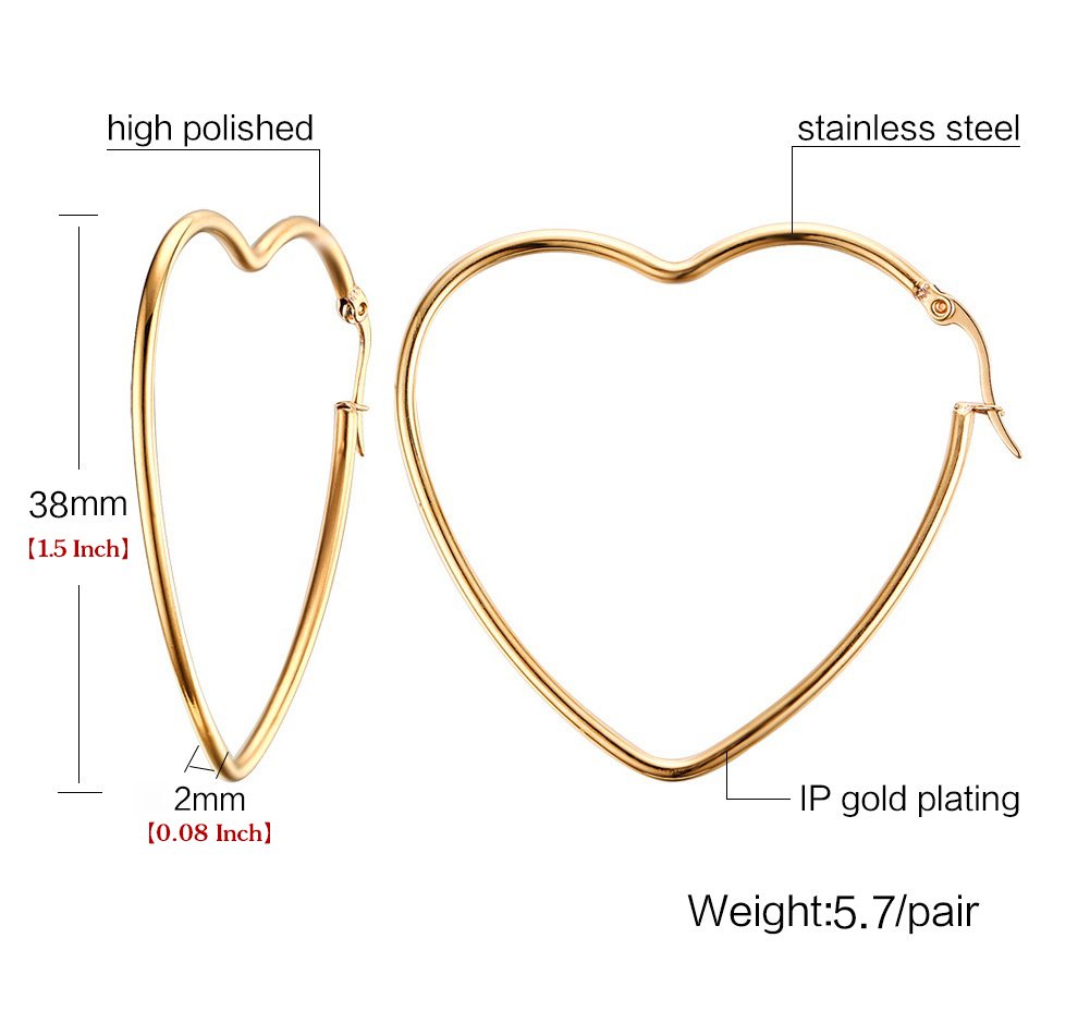 Women's Stainless Steel Gold Plated Heart Shape Hinged Large Hoop Earring,Anti-allergy