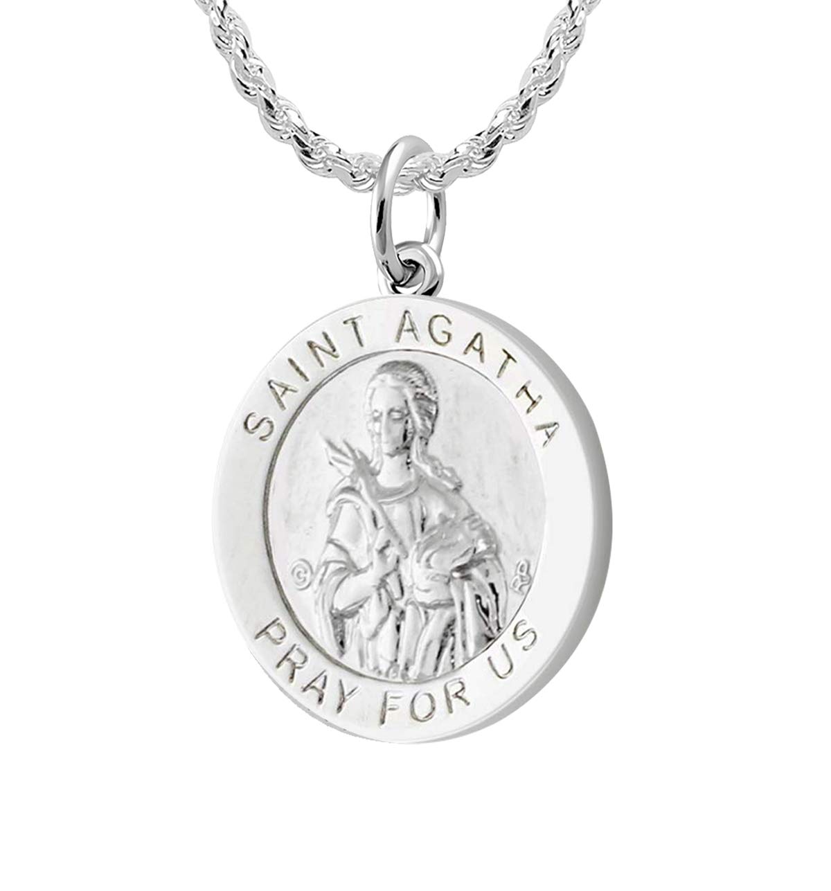 US Jewels Ladies 925 Sterling Silver 18.5mm Saint Agatha Medal Pendant 1.5mm Rope Chain Necklace, 18in
