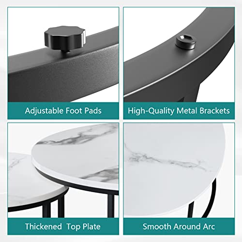 Smuxee White Nesting Coffee Table Set of 2, 31.5" Round Coffee Table Wooden Marble Pattern with Adjustable Non-Slip Feet, Industrial End Table for Living Room Bedroom Balcony