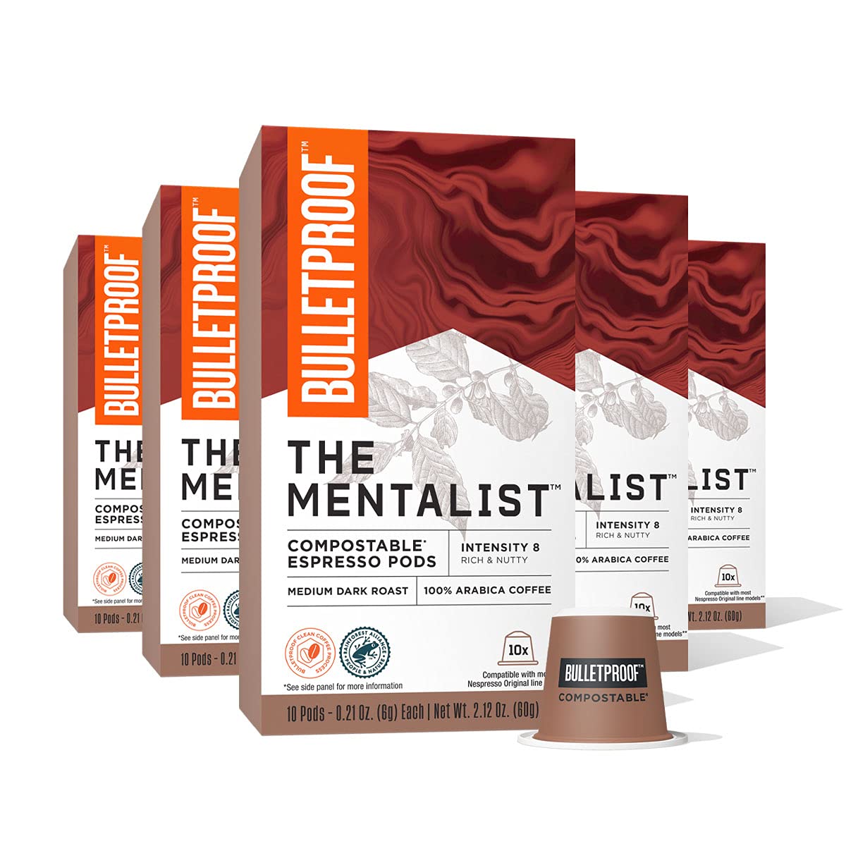 The Mentalist Compostable Espresso Pods, Medium Dark Roast Intensity 8, 50 Count, Bulletproof Coffee Capsules Compatible with Nespresso Original Line*, 100% Arabica, Certified Clean, Rainforest Alliance, Sourced from Guatemala