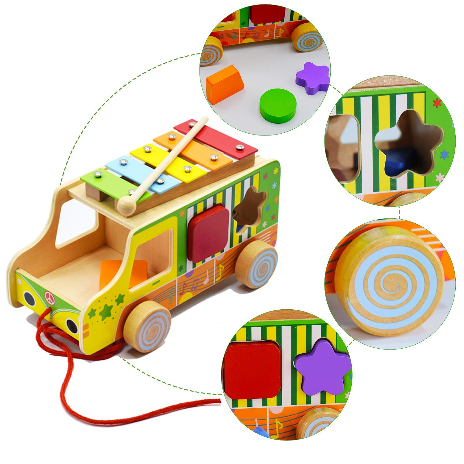 Wooden Shape Sorter - Shape Sorter for 1 Year Old Boys & Girls - Learning Educational Baby Shape Sorter Bus - Push & Pull Toy with Xylophone for 1 Year Old