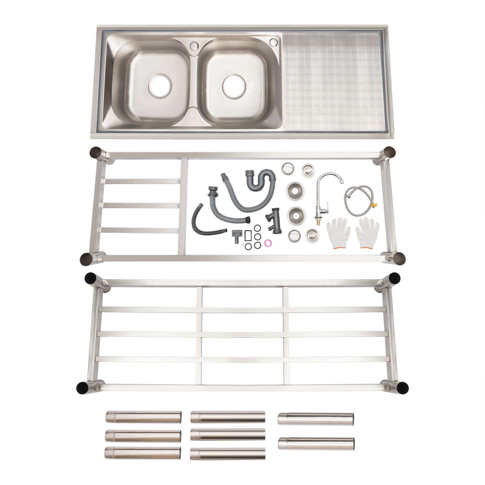 WINUS Free Standing Stainless-Steel Double Bowl Commercial Restaurant Kitchen Sink Set w/Faucet & Drainboard, Prep & Utility Washing Hand Basin w/Workbench & Double Storage Shelves Indoor Outdoor