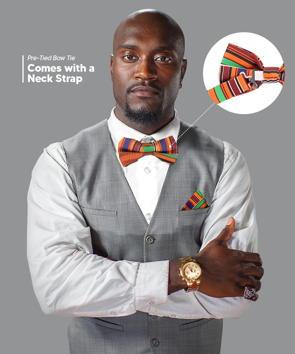 Vittorio Farina Premium African Kente Pre-Tied Bow Ties & Pocket Square Set for Men (Kente #1)