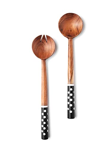 YoTreasure Tiramisu Black & White Dotted Resin Wood Salad Server Set | Wooden Utensils for Serving Salad, Spoon and Fork Set for Modern Kitchen