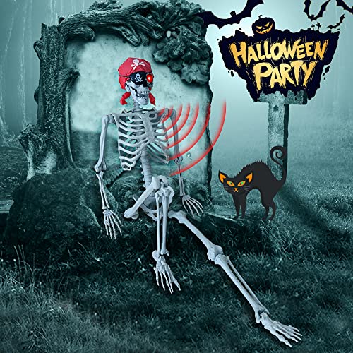 Voveexy 5.4ft Pose-N-Stay Halloween Skeleton, Life Size Posable Skeleton with Stake Red Eyes Sound Activated Realistic Human Bones, Halloween Decoration for Indoor Outdoor Spooky Scene Haunted House