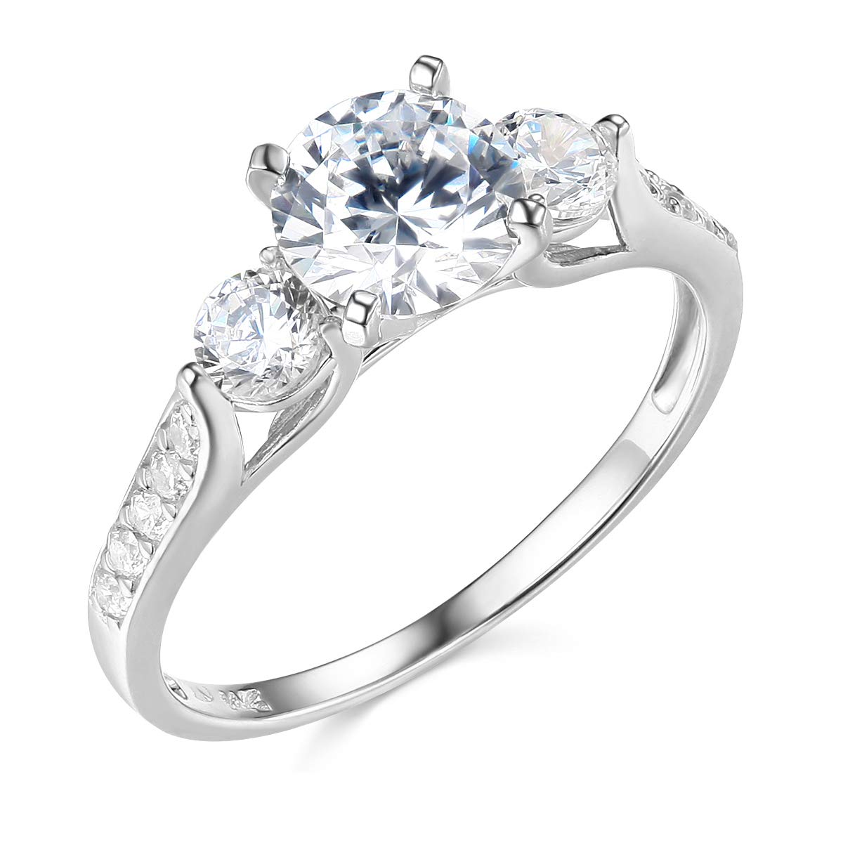 Wellingsale Ladies Solid 14k White Gold Polished CZ Cubic Zirconia Round Cut Three 3 Stone Engagement Ring with Side Stones - Size 7.5