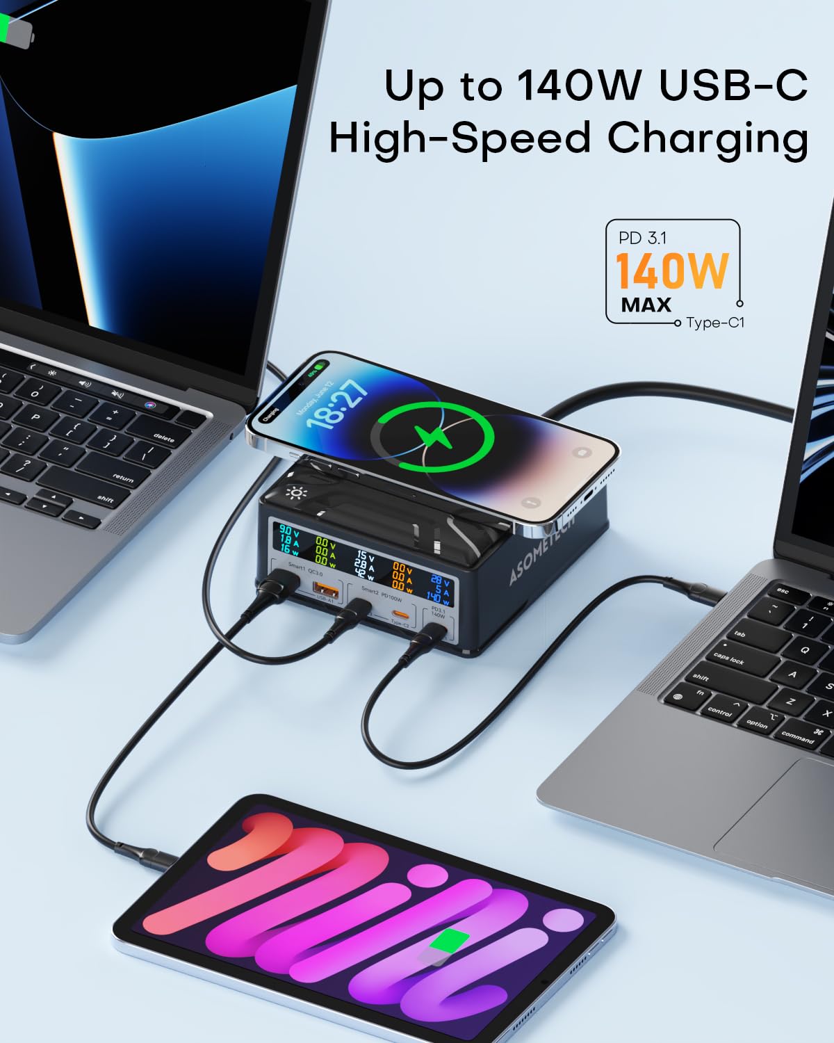 USB Charging Station,ASOMETECH 260W 5Ports Fast USB C Charging Station,140W PD3.1 USB C GaN Charger with LCD Display,Wireless Charger,Desktop USB Charging Hub for MacBook Pro/Air,iPad,iPhone,Samsung