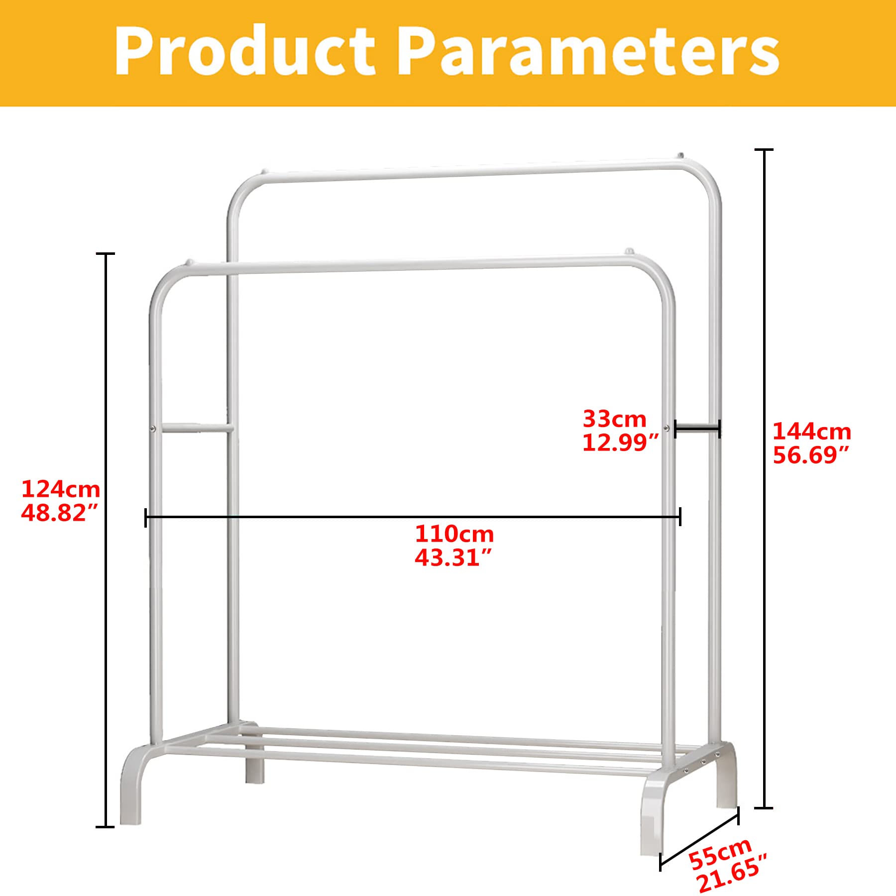 UDEAR Garment Rack,43.3 Inches Freestanding Hanger Double Pole Multi-functional Bedroom Clothing Rack, White