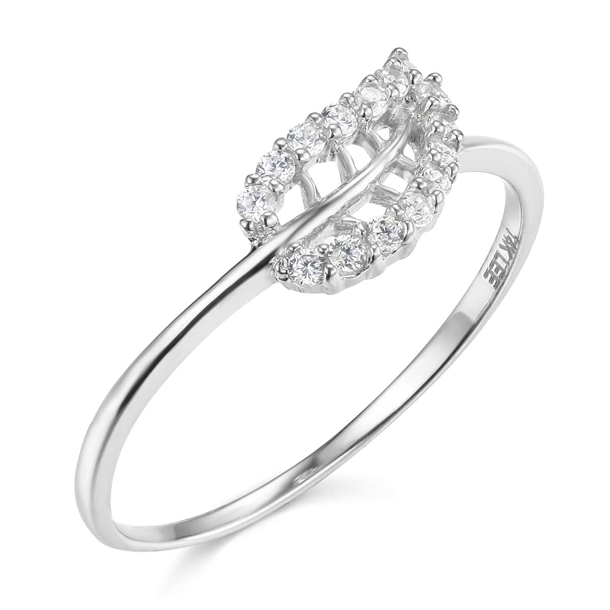 Wellingsale Ladies Solid 14k White Gold Polished CZ Cubic Zirconia Leaf Right Hand Fashion Ring - Size 4