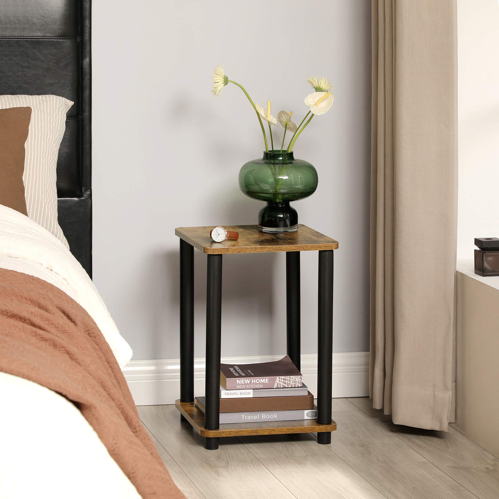 VASAGLE End Table, 2-Tier Side Table, Nightstand with Storage Shelf, Stable, for Living Room, Bedroom, Office, 13.4 x 13.4 x 19.7 Inches, Rustic Brown and Black ULET180X01