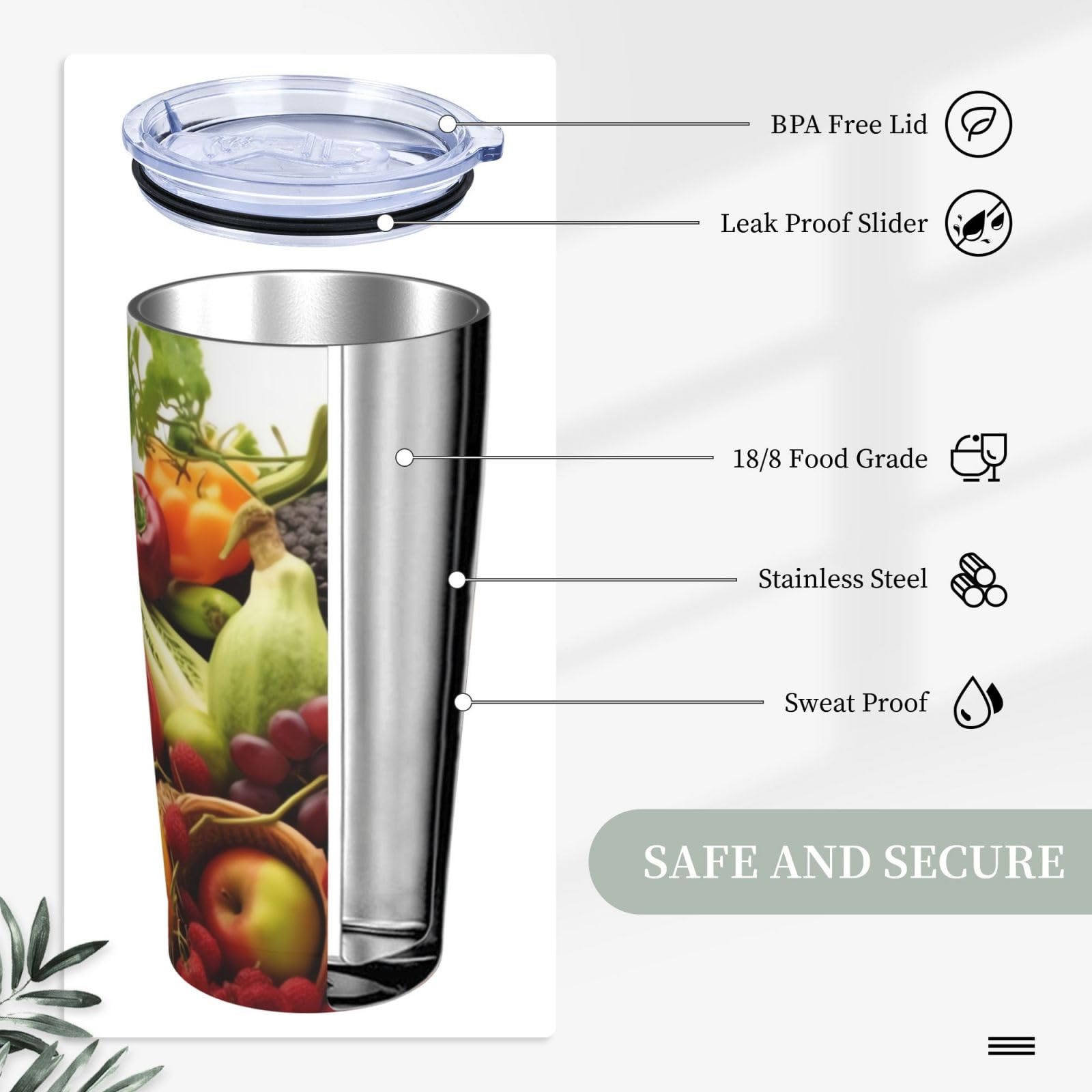 Various Vegetables and Fruit print 20 oz Stainless Steel Tumbler With Lid And Straw Insulated Coffee Cup Portable Travel Mug For Cold And Hot Drinks