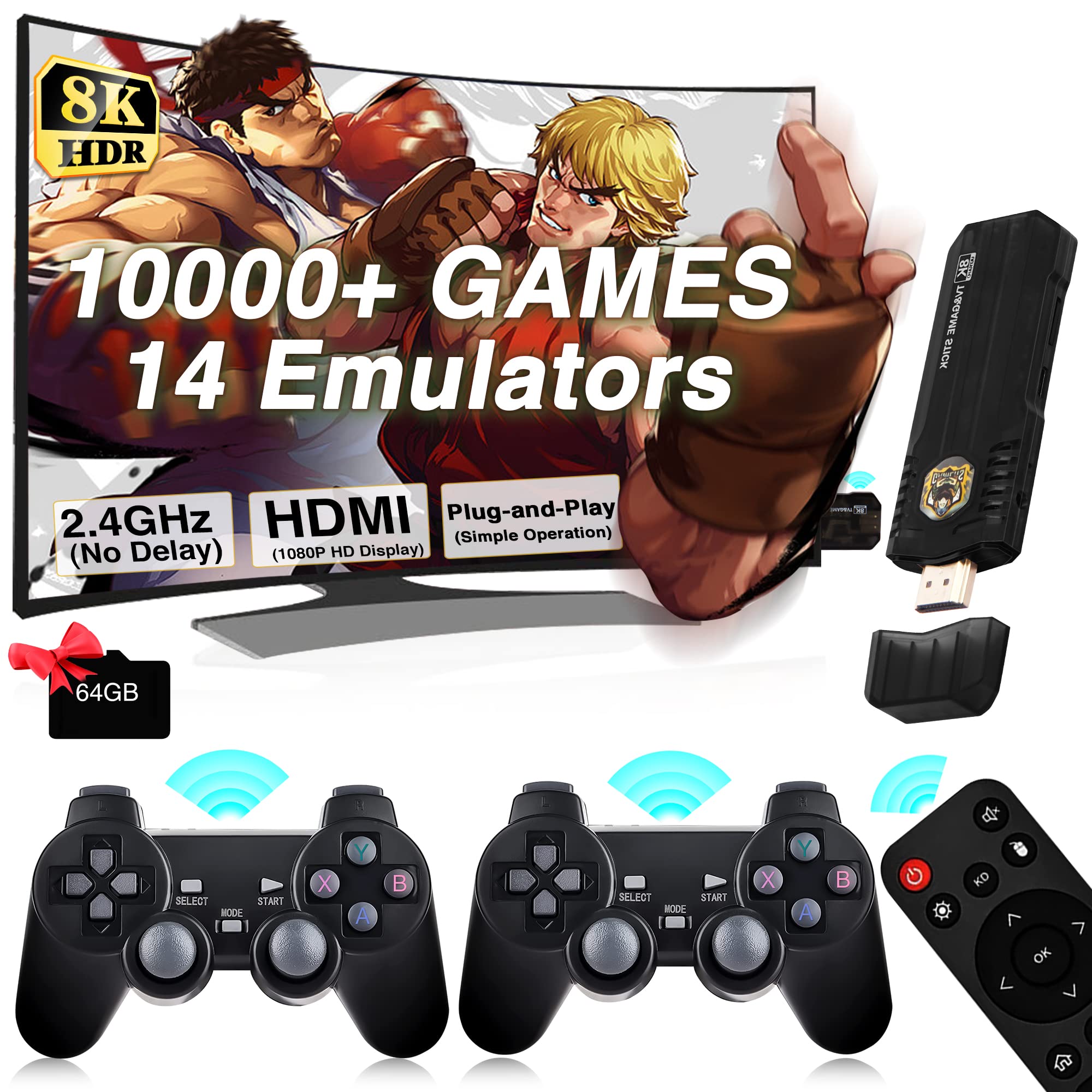 Wireless Retro Game Console, 8K 10000+ Games Built-in, Plug and Play Video Games for TV, 10+ Classic Emulators, 64G, 2.4GHz Wireless