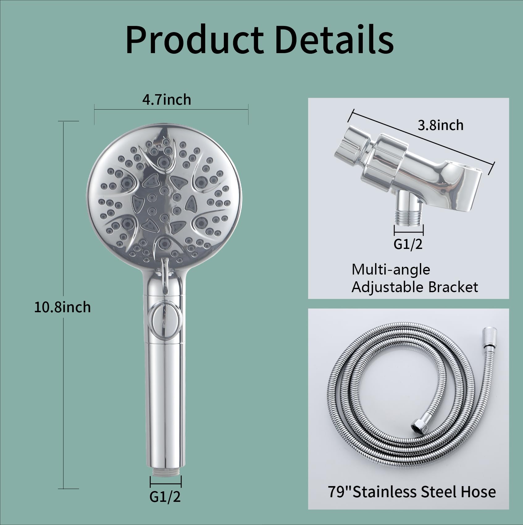WHZeffect Handheld Shower Heads with ON/OFF Switch,Extra Long 79-inch Hose 8 Spray Settings High Pressure Detachable Showerhead,Built-in Power Sprayer to Clean Pets, Adjustable Angle Bracket,Silver