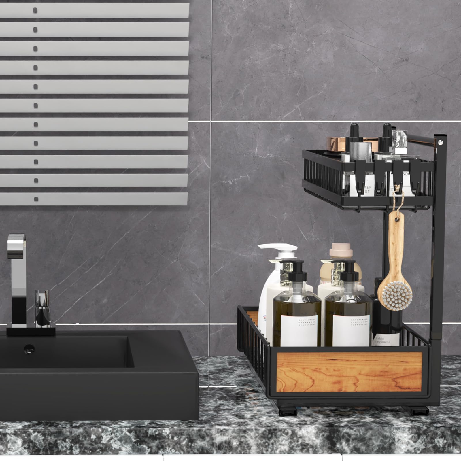 Under Sink Organizer, 2-Tier Pull Out Cabinet Organizer Under Kitchen Sink Organizer, Solid Wood Edge Beautiful-Use for Bathroom Laundry Kitchen
