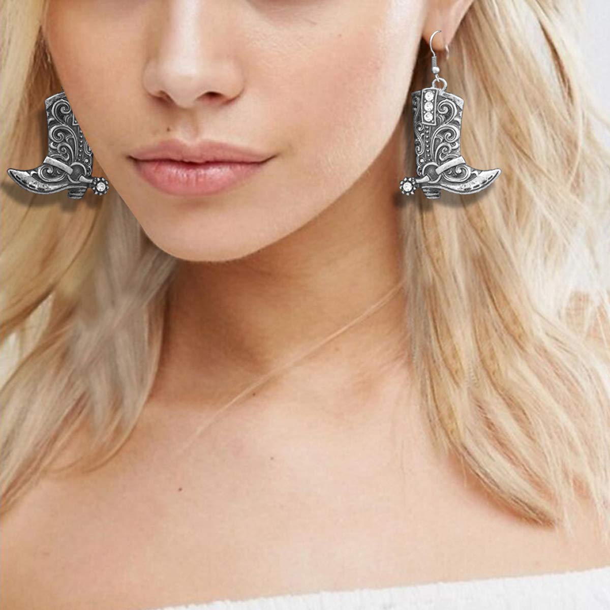 Vintage Silver Western West Cowgirl Texas Boots Spur Dangle Drop Earrings Rodeo Boho Fancy Dress Costume