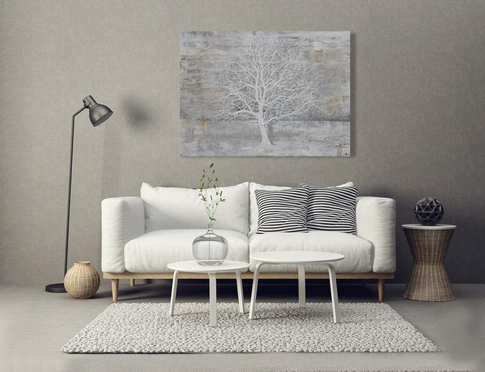 Yihui Arts Tree Of Life Canvas Wall Art Hand Painted Grey White Beige Paintings Modern Abstract Forest Pictures Artwork for Living Room Bedroom Office Decoration