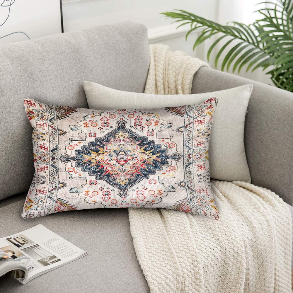 Snycler 2Pcs Boho Style Throw Pillow Cover Ethnic Design Pattern Linen Persian Carpet Tribal Pattern Throw Pillow Case Cushion Cover Home Office Decorative Square 18x18 inch