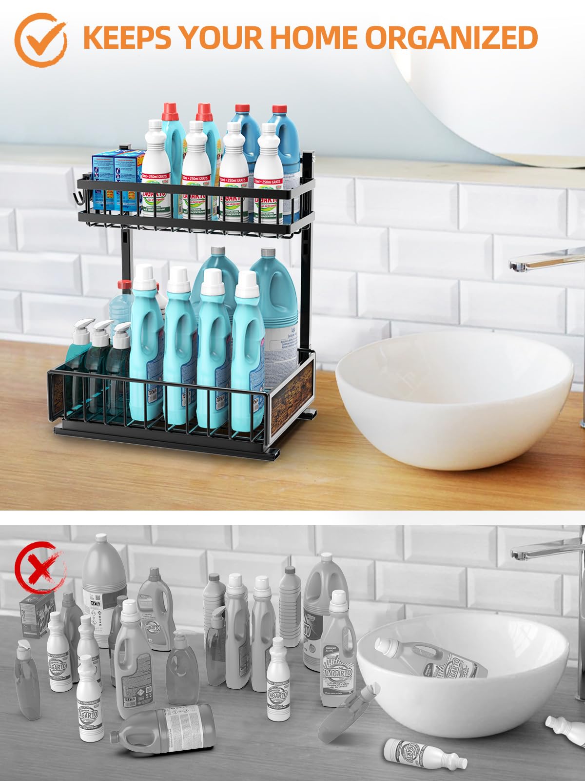 Under Sink Organizers 2 Tier - Kitchen Under Sink Organizer Storage Metal,Pull Out Cabinet Organizer,Adjustable Height Organizer with Hooks,Sturdy Slide Out Storage for Kitchen Bathroom Cabinet