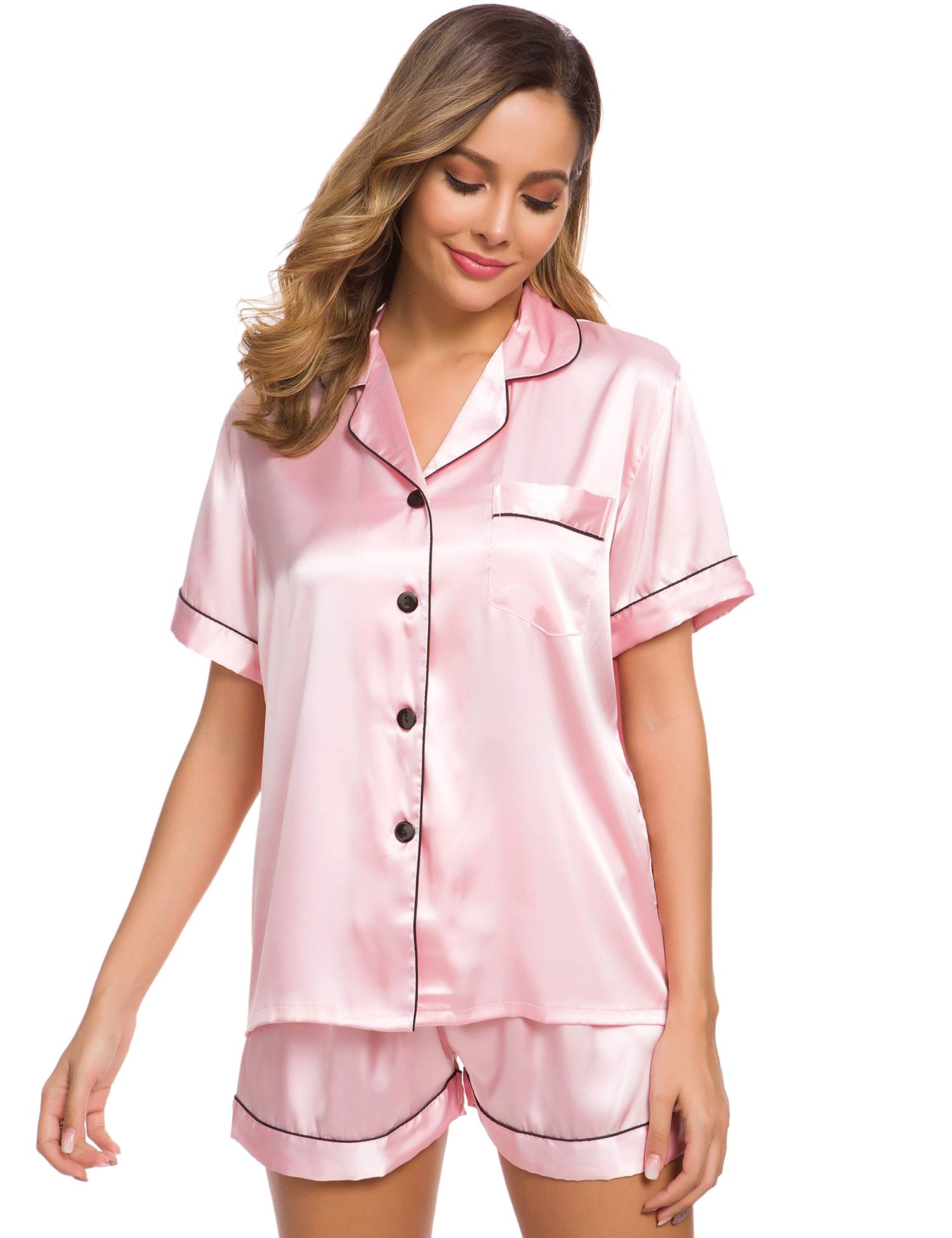 SWOMOG Womens Silk Satin Pajamas Short Sleeve Loungewear Two-Piece Sleepwear Button-Down Pj Set Pink