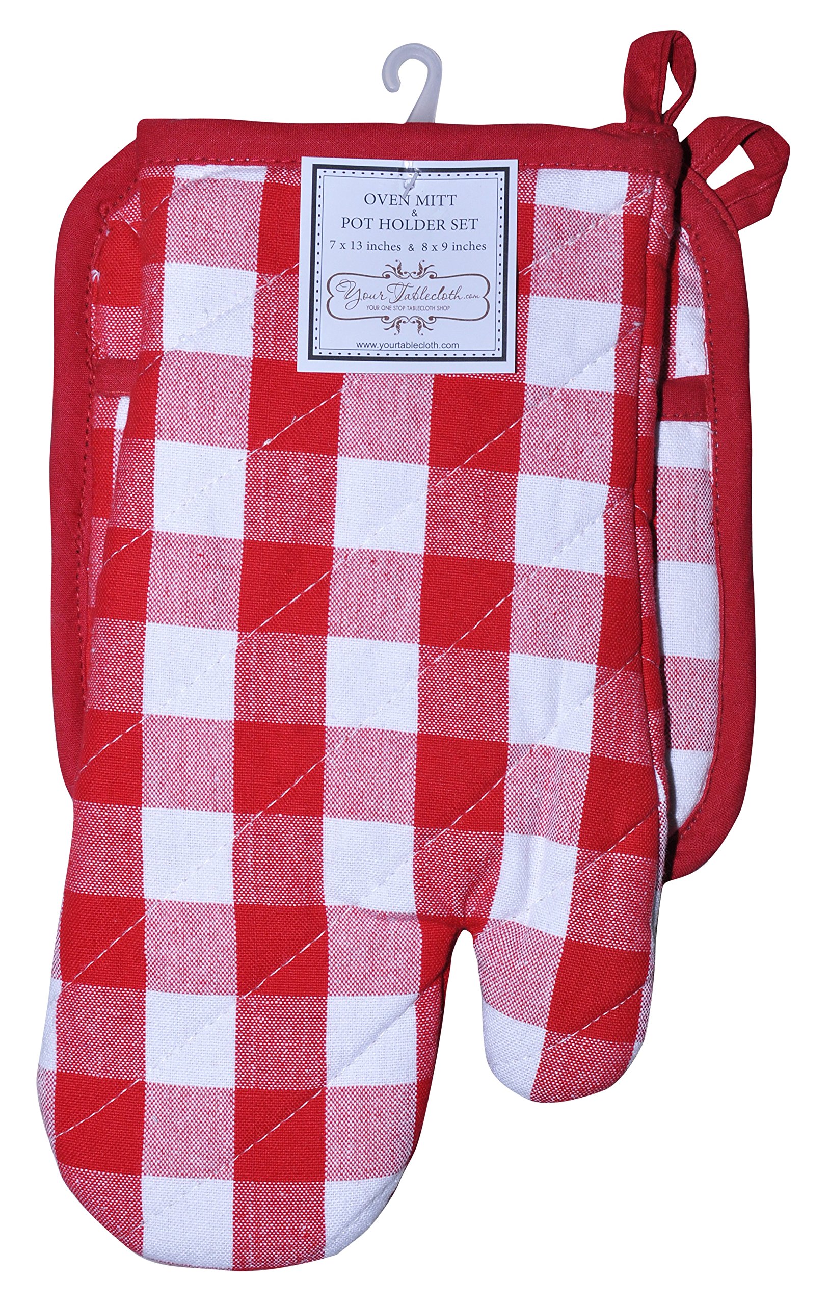 Yourtablecloth Set of Checkered Oven Mitt and Pot Holder or Oven Gloves-100% Cotton, Heat Resistance, Superior Protection & Comfort–Gingham Design-Machine Washable Red and White