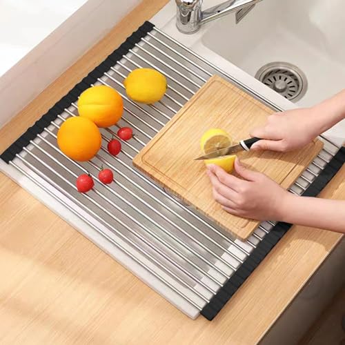 VAWSS Roll up Dish Drying Rack Over The Sink Kitchen Roll up Sink Drying Rack Multipurpose Foldable Sink Drying Mat, Heat-Resistant, Anti-Slip & Anti-Rust Dish Rack for Kitchen, 16.7" x 13.3"