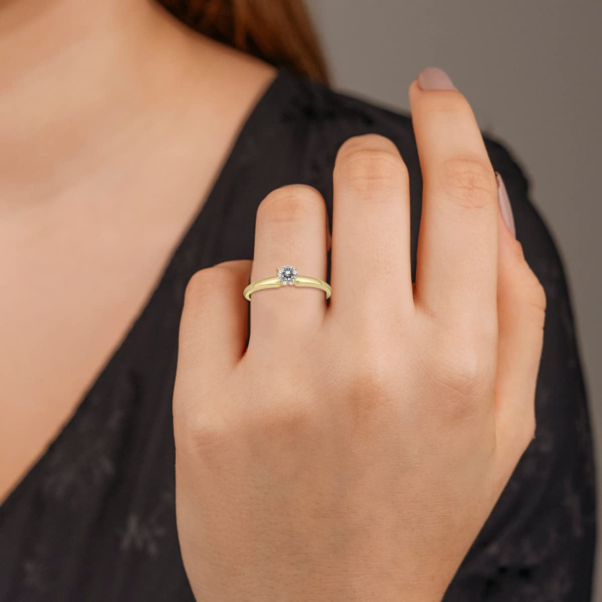 SZUL 1/10 Carat Round Diamond Solitaire Ring in 14K Yellow Gold