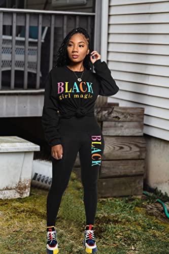 Wuitrie Women's 2 Piece Tracksuit Long Sleeve Pullover Letter Print Top and Long Pant Outfits Black L