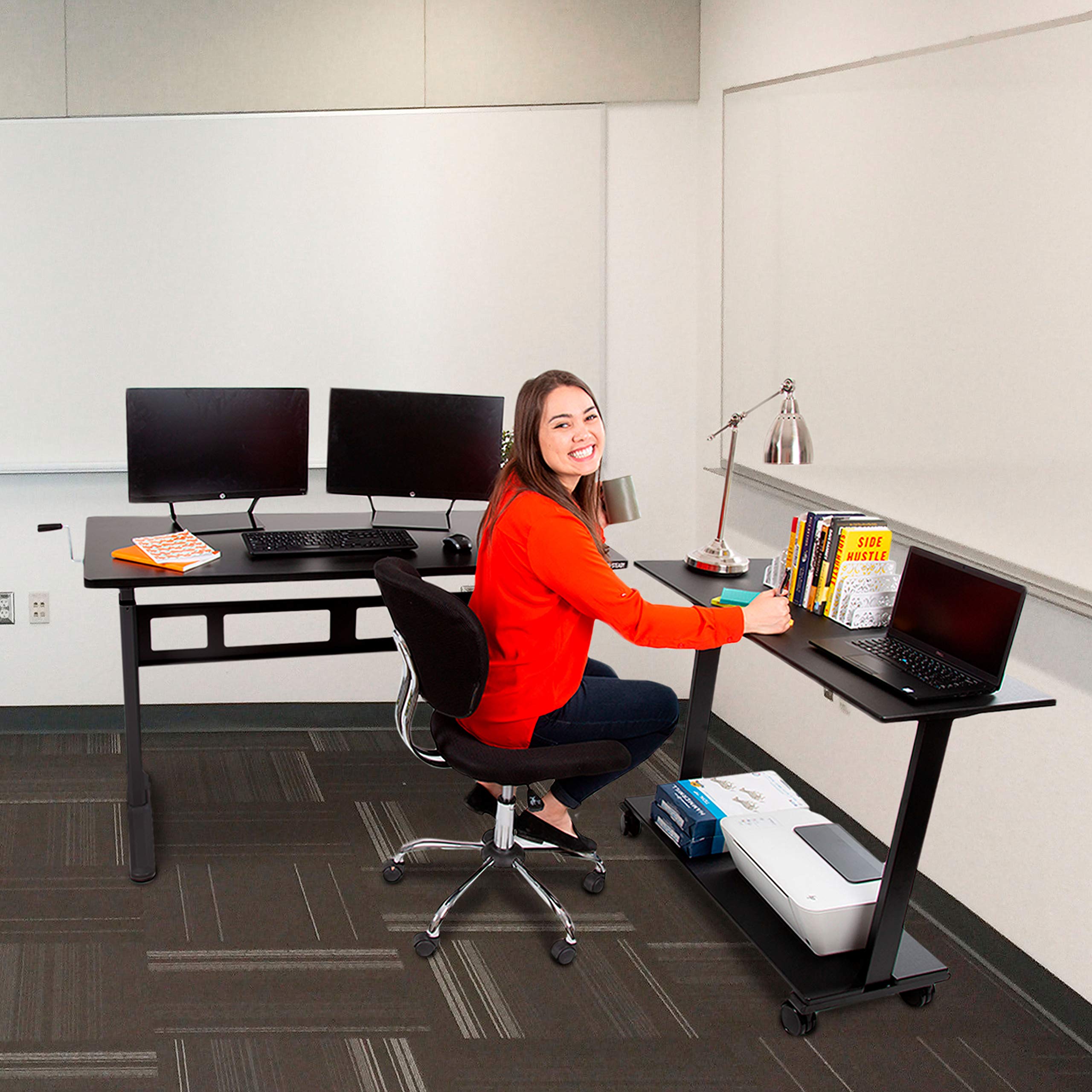 Stand Steady L-Shaped Tranzendesk Standing Desk | Sit to Stand Desk with Add-On Desk Return | Customizable Stand Up Desk Arrangement Great for Any Office Space! (Black / 73x 42)