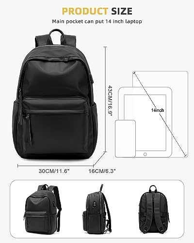 VECAVE Lightweight Backpack for Women Men,Travel Casual Daypack Laptop Rucksack, Waterproof College High Secondary Bookbag PU Leather Computer Laptop Bag Black