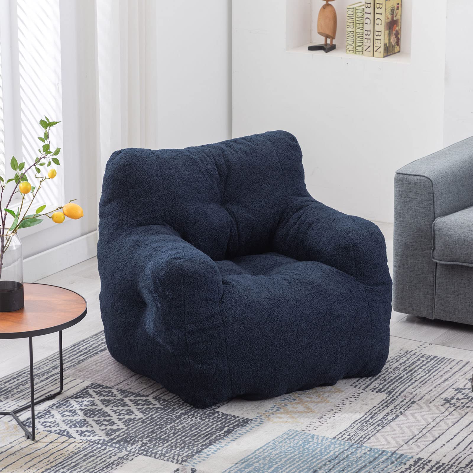 Soft Tufted Bean Bag Chairs for Adults, Medium Teddy Fabric Bean Bags with Arms, Dark Blue