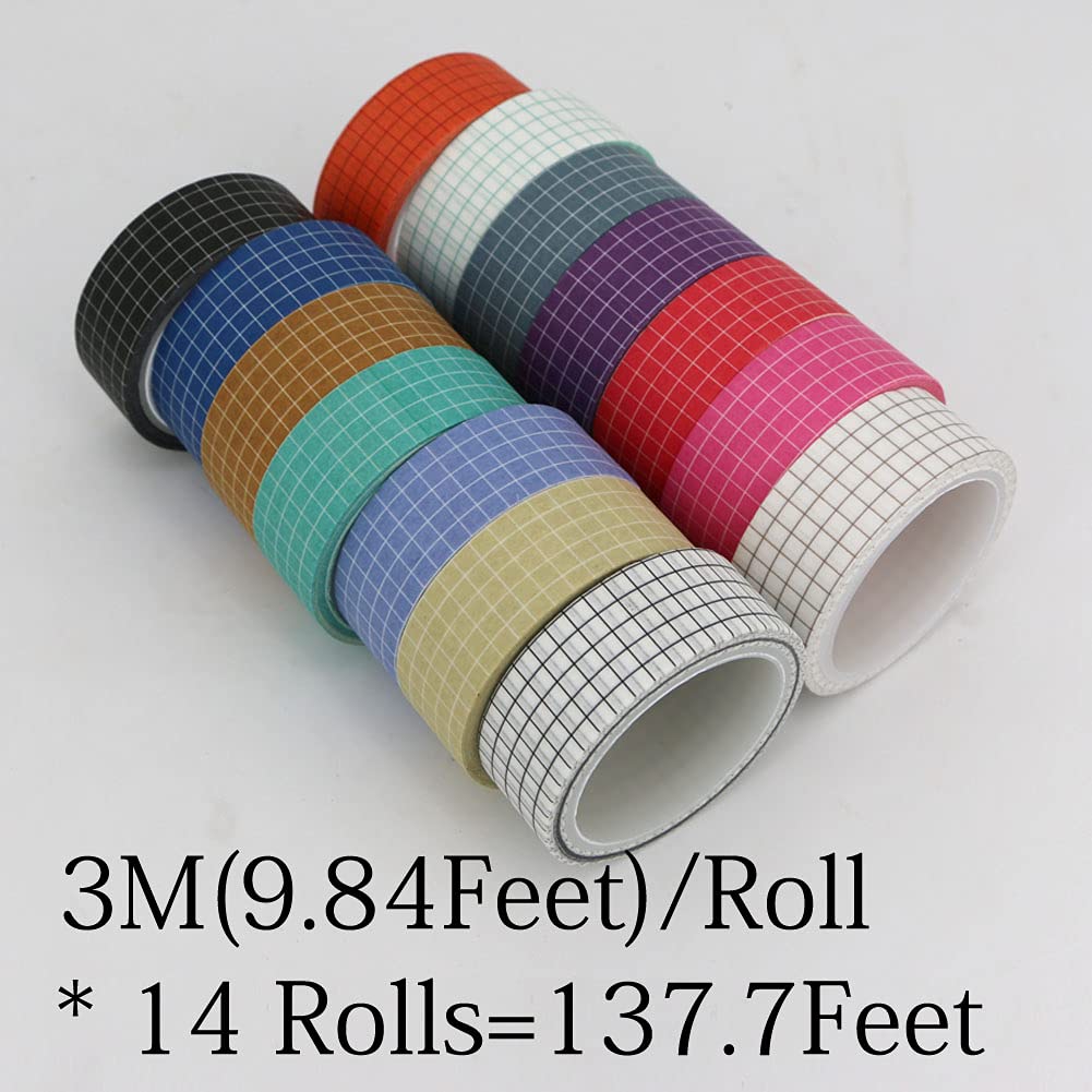 YuBoBo Washi Tape Set, 14 Rolls Grid Washi Masking Decorative Tapes for DIY Decor Planners Scrapbooking Adhesive School/Party Supplies