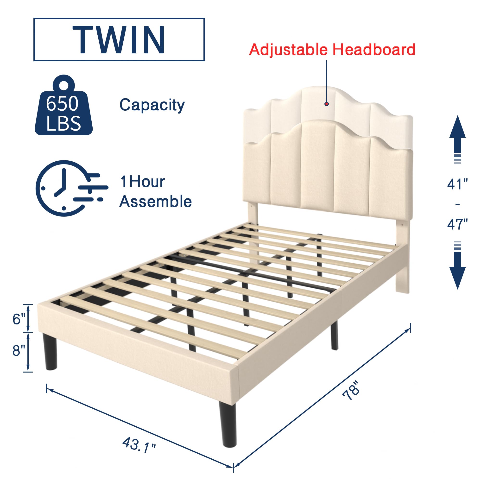 VECELO Twin Platform Bed Frame with Adjustable Headboard, Fabric Upholstered Mattress Foundation, Strong Wood Slat Support, No Box Spring Needed, Easy Assembly