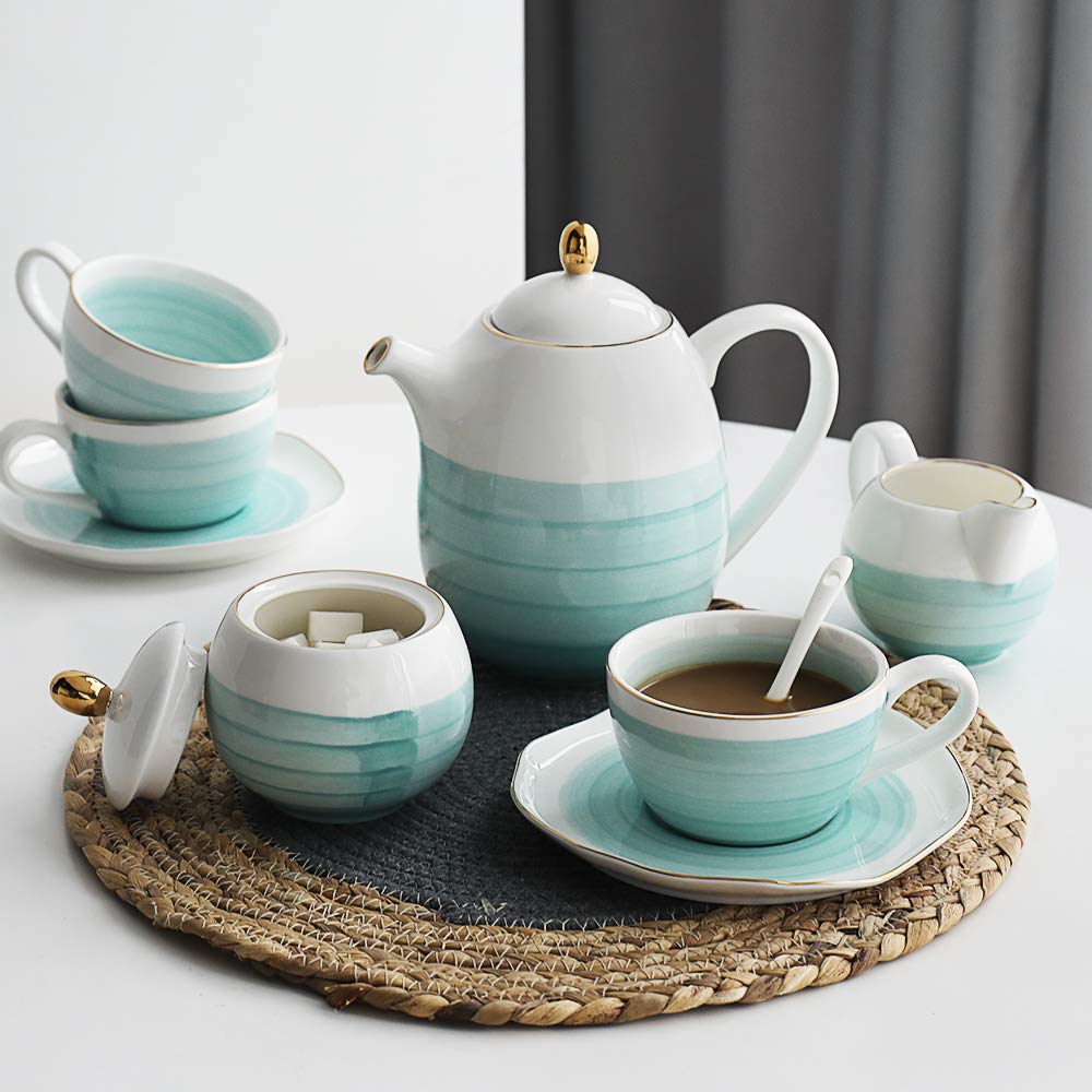 Sweejar Porcelain Tea Sets, 8 OZ Cups & Saucer Service for 4, Teapot Sugar Bowl Cream Pitcher Teaspoons and Tea Strainer for Adult Tea Coffee Afternoon Party(Blue)