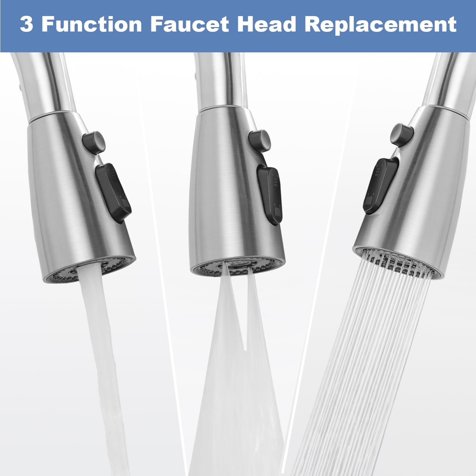 WOWOW Kitchen Faucet Head Replacement Brushed Nickel, 3 Function Pull Out Spray Nozzle with 9 Adapters for Kitchen Sink Faucet,American Standard for Moen Kohler Delta Faucets G1/2 Male Connector